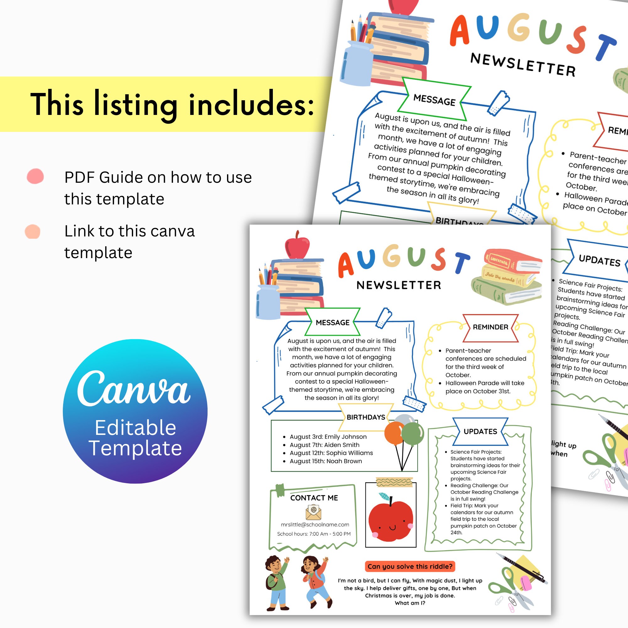 August Classroom Newsletter Template Printable Monthly Teacher Template ...