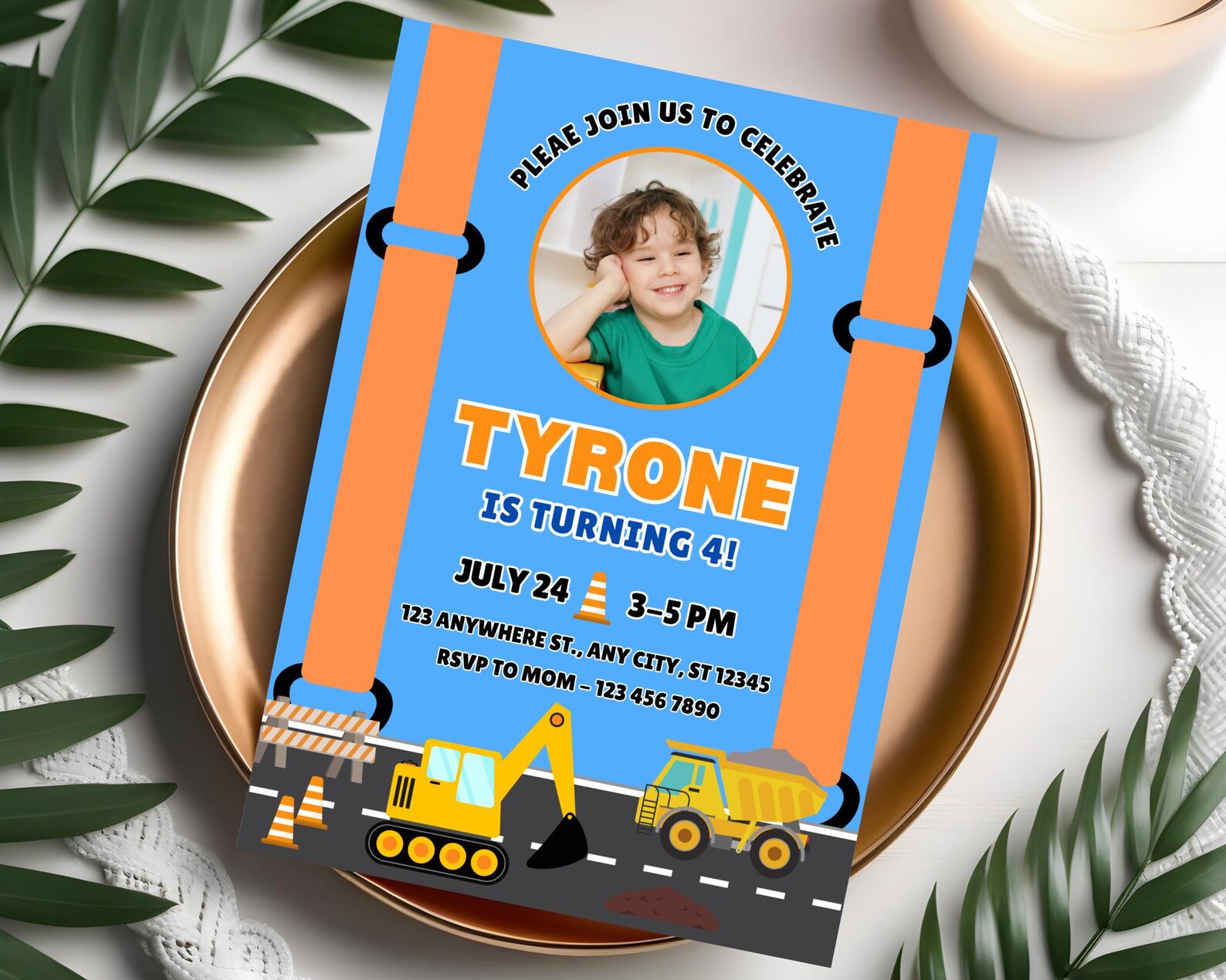 Construction Birthday Invitation With Photo Editable Template Excavator ...