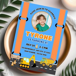 Construction Birthday Invitation With Photo Editable Template Excavator ...