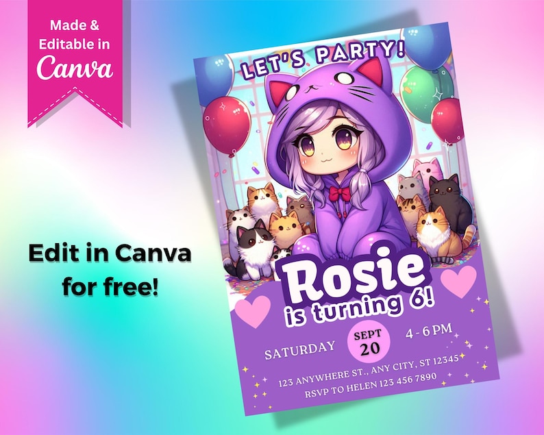 Aphmau Birthday Invitation Editable Template, Printable Cat Lover Girl ...