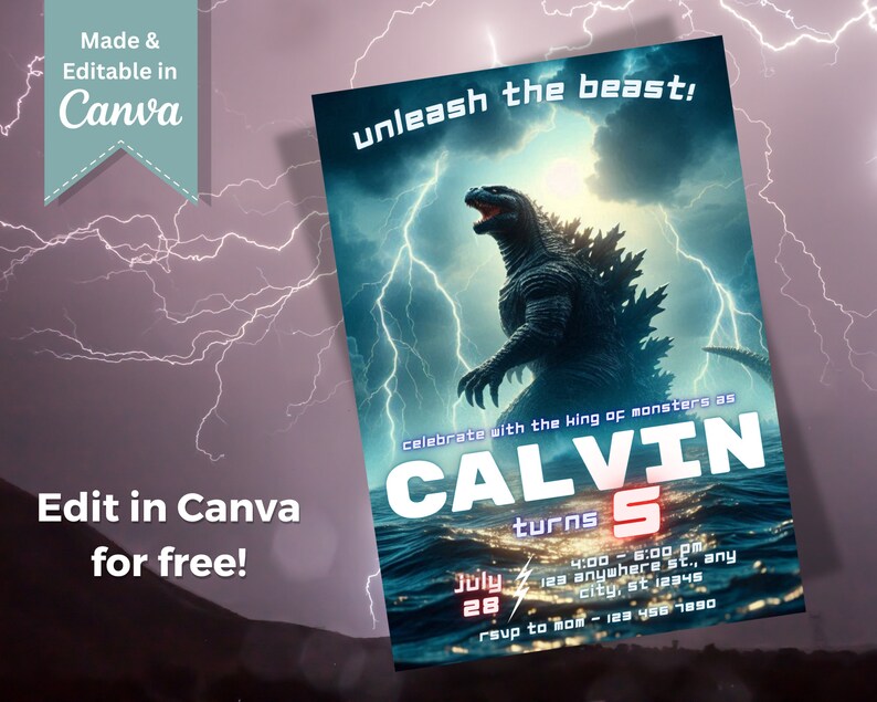 Editable Godzilla Birthday Invitation Boys Monster Party Godzilla King ...