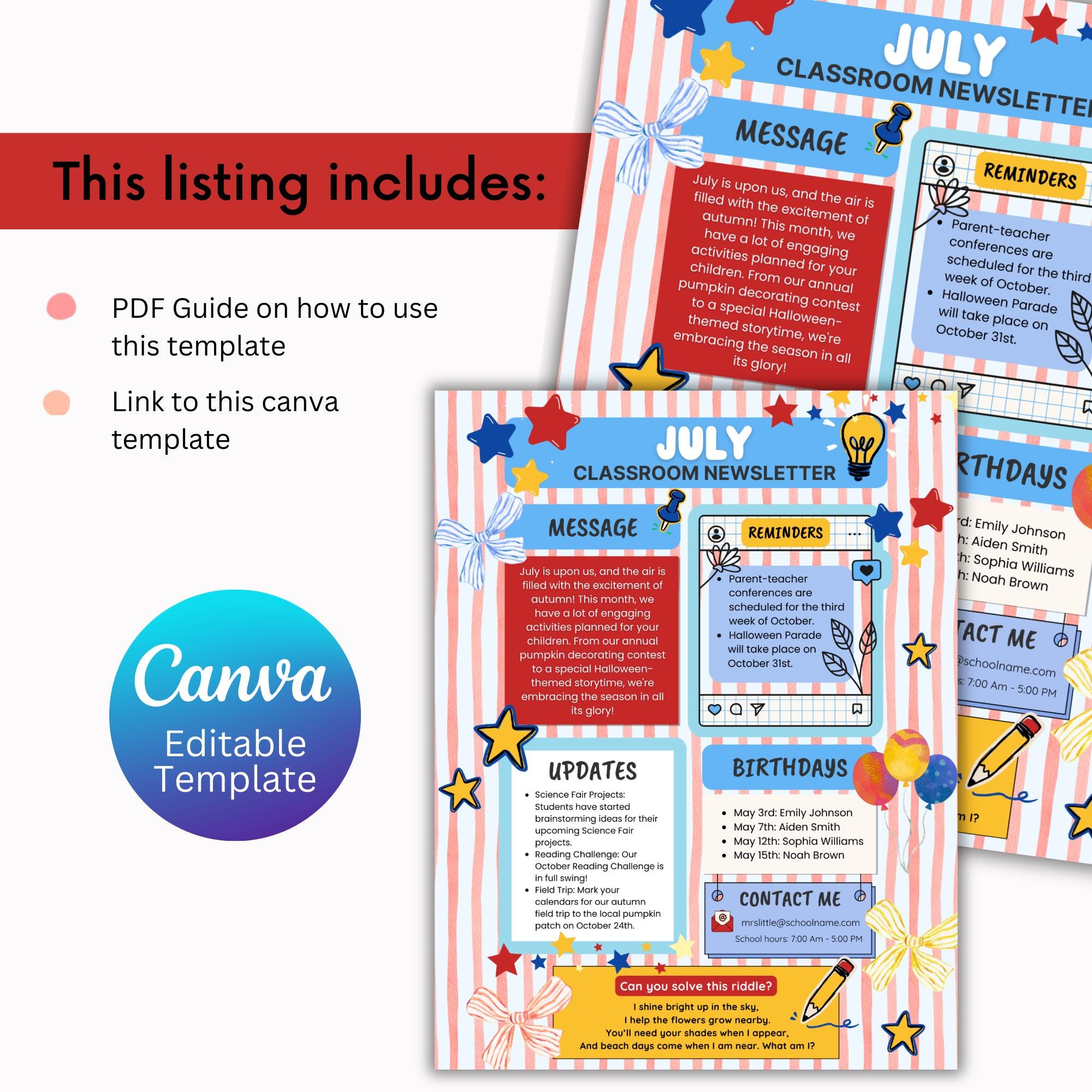 July Classroom Newsletter Editable Template, Monthly Teacher Bulletin ...
