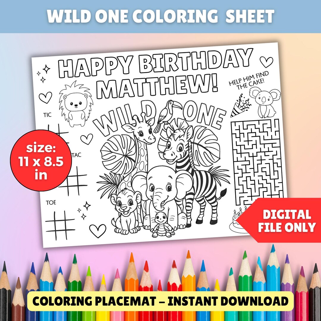 Editable Wild One Coloring Page PDF Jungle Animals Birthday Coloring ...
