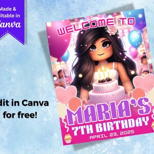 Roblox Girl Birthday Welcome Sign Editable Template Pink Poster Decor ...