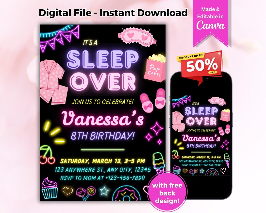 Editable Sleepover Birthday Invitation Template Slumber Party Teen ...