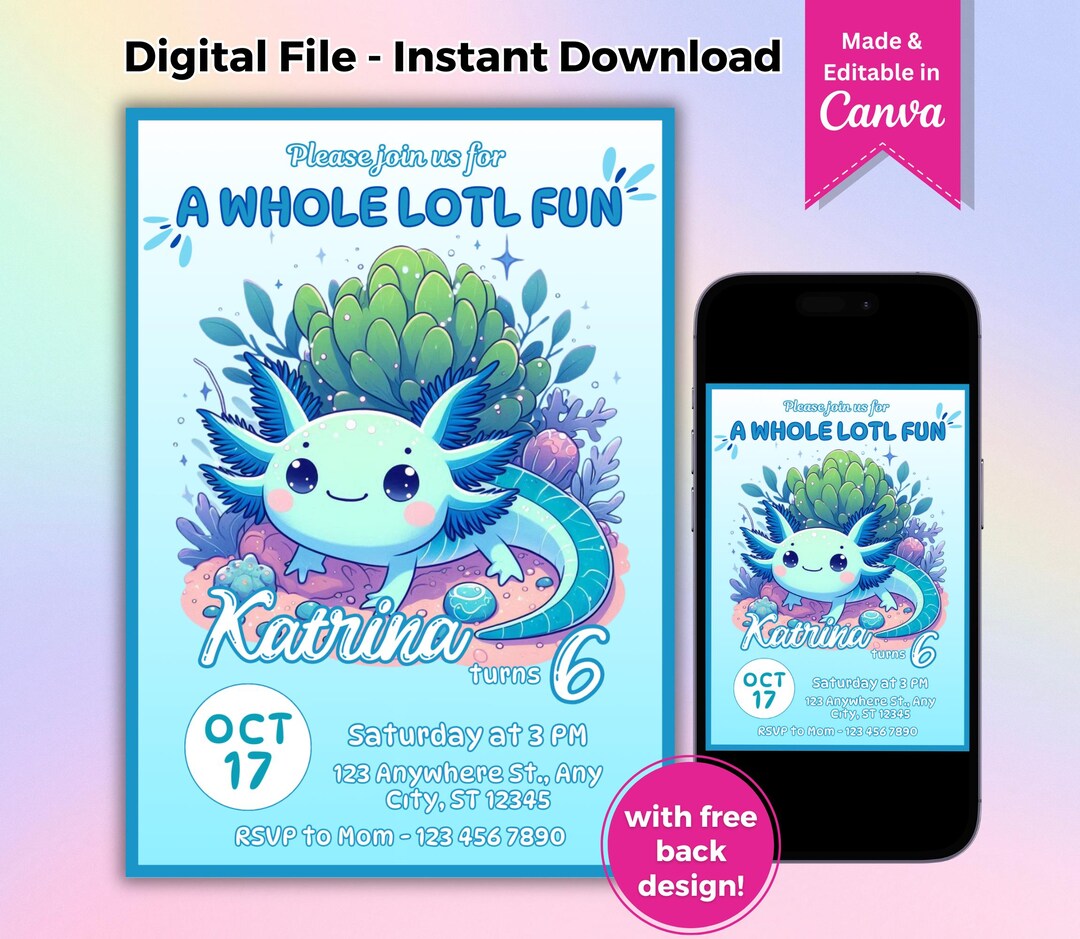 Editable Axolotl Birthday Party Invitation Blue Axolotls Birthday Party ...