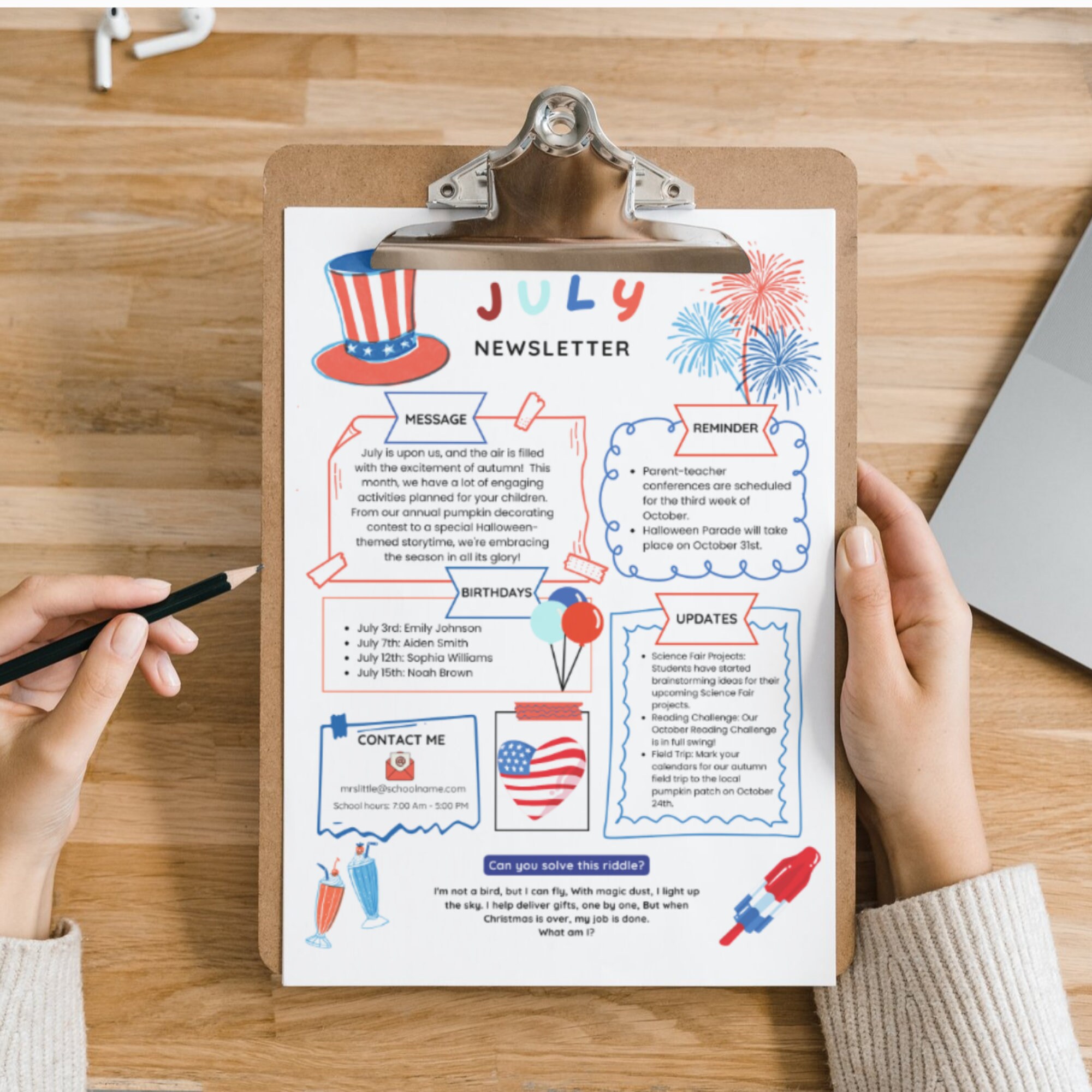 July Classroom Newsletter Template Printable Monthly Teacher Template ...
