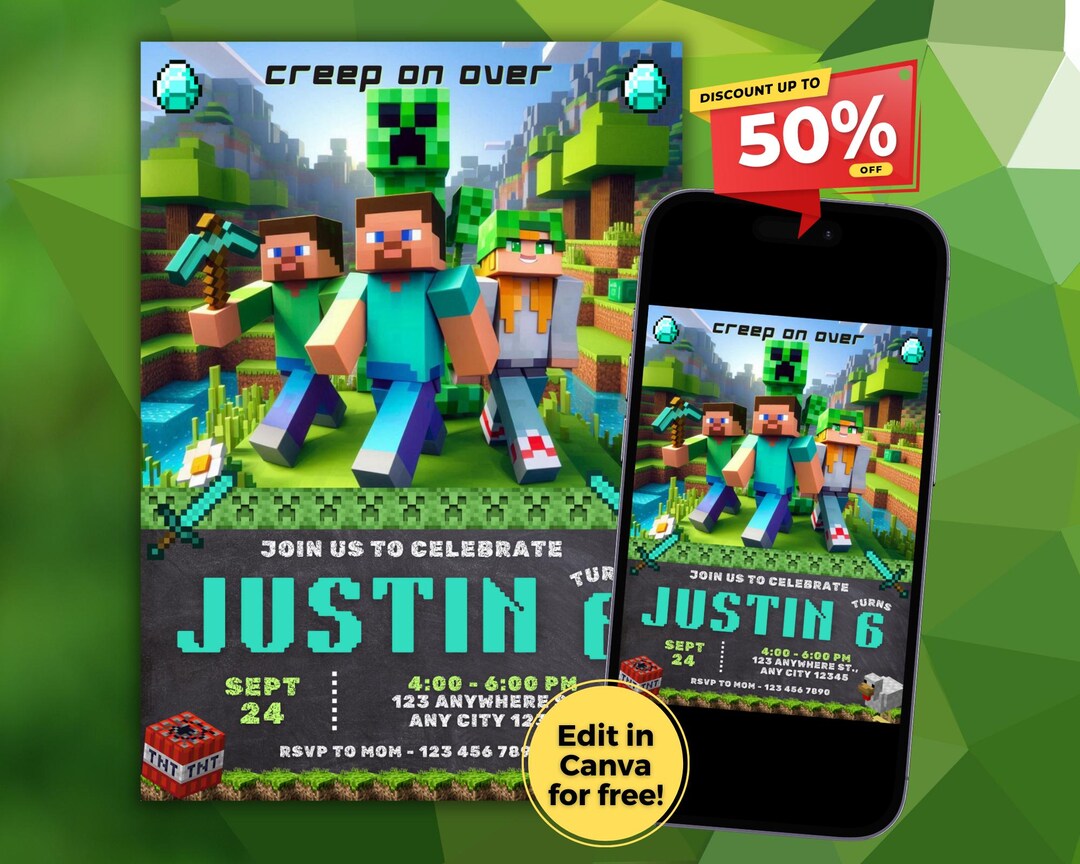 Minecrafter Boy Birthday Invitation Canva Editable Minecraft Creeper ...