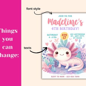 Editable Axolotl Birthday Invitation Pastel for Girl Printable Under ...