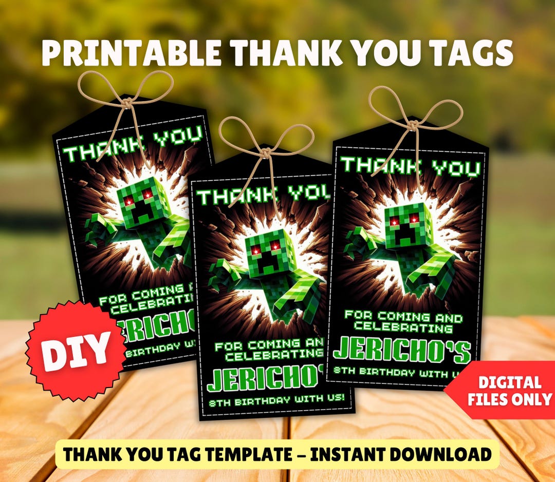 Editable Minecraft Thank You Tag Printable Template Personalized DIY ...