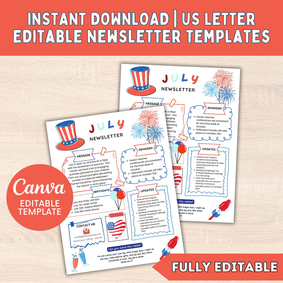 July Classroom Newsletter Template Printable Monthly Teacher Template ...