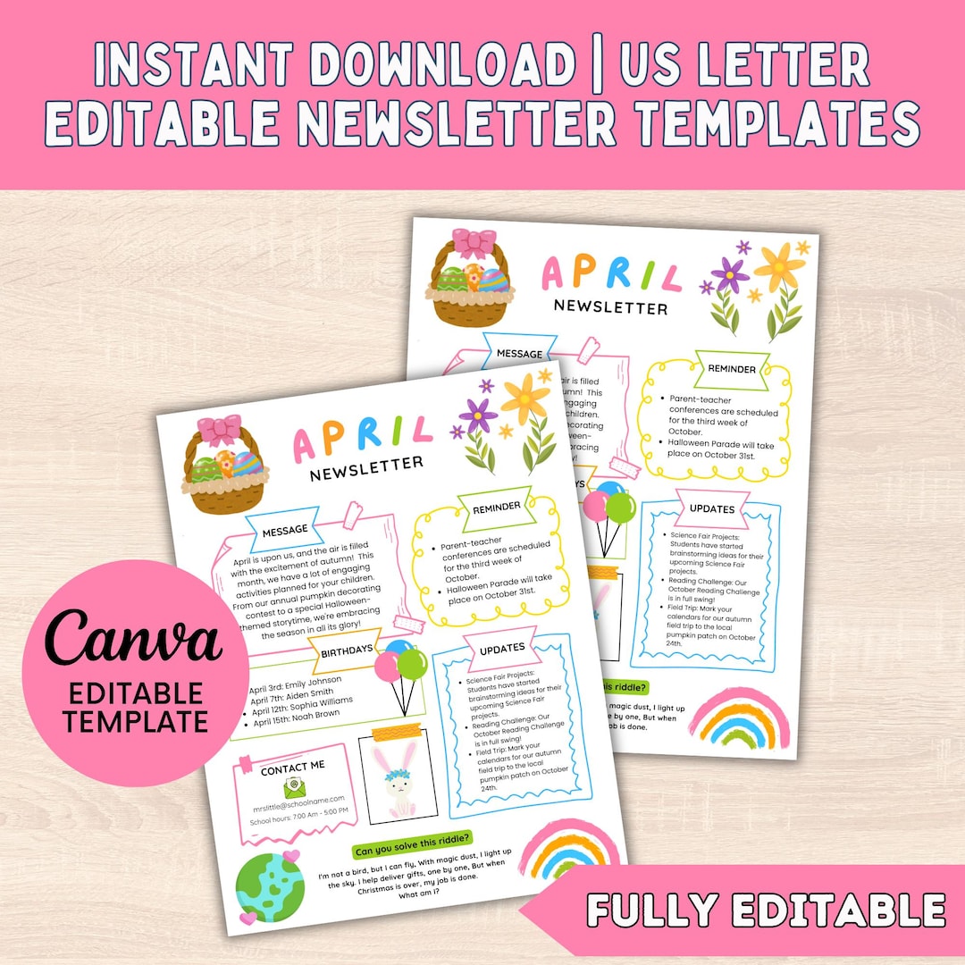 April Classroom Newsletter Template Printable Monthly Teacher Template ...