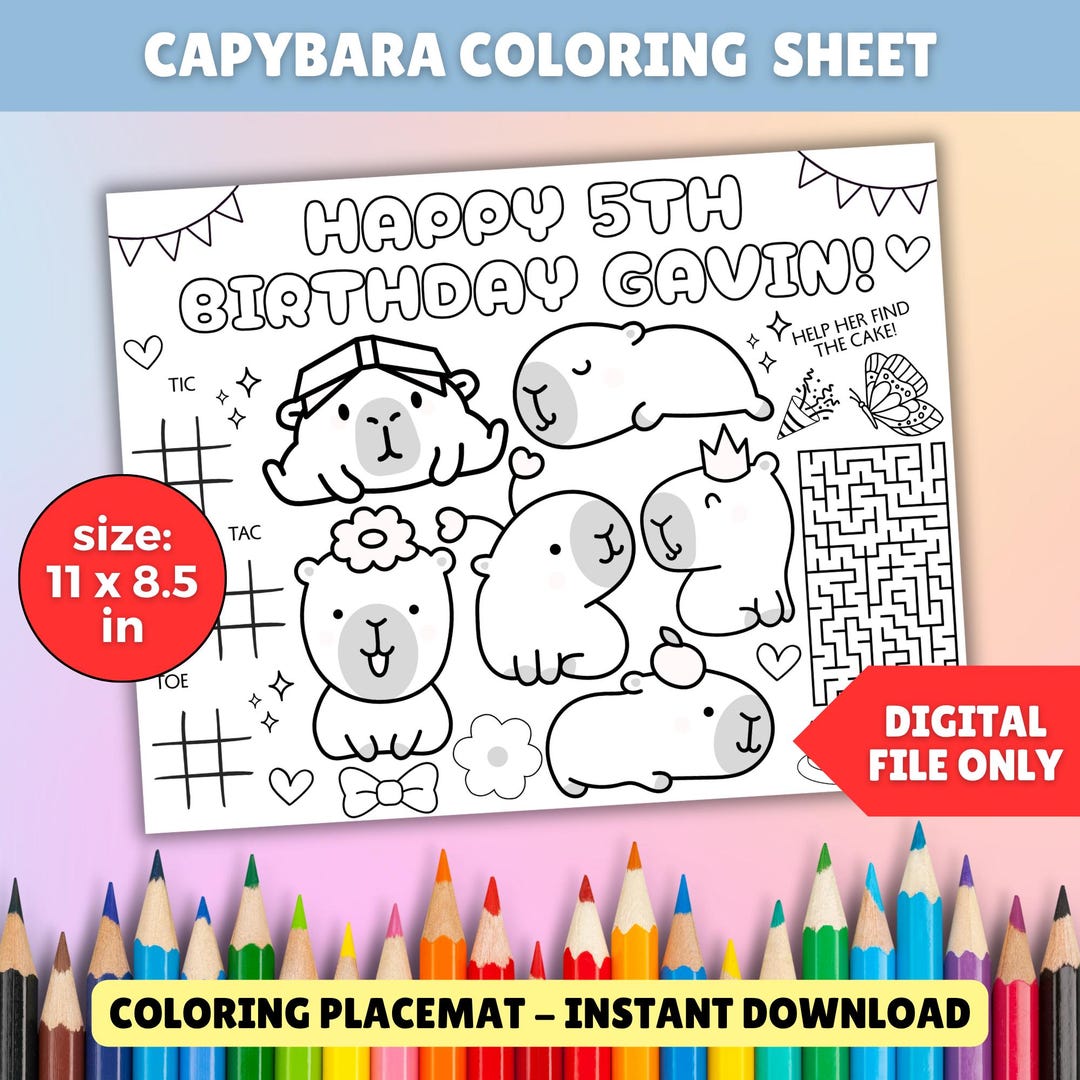 Capybara Coloring Page PDF, Cute Animal Birthday Placemat, Kids Safari ...