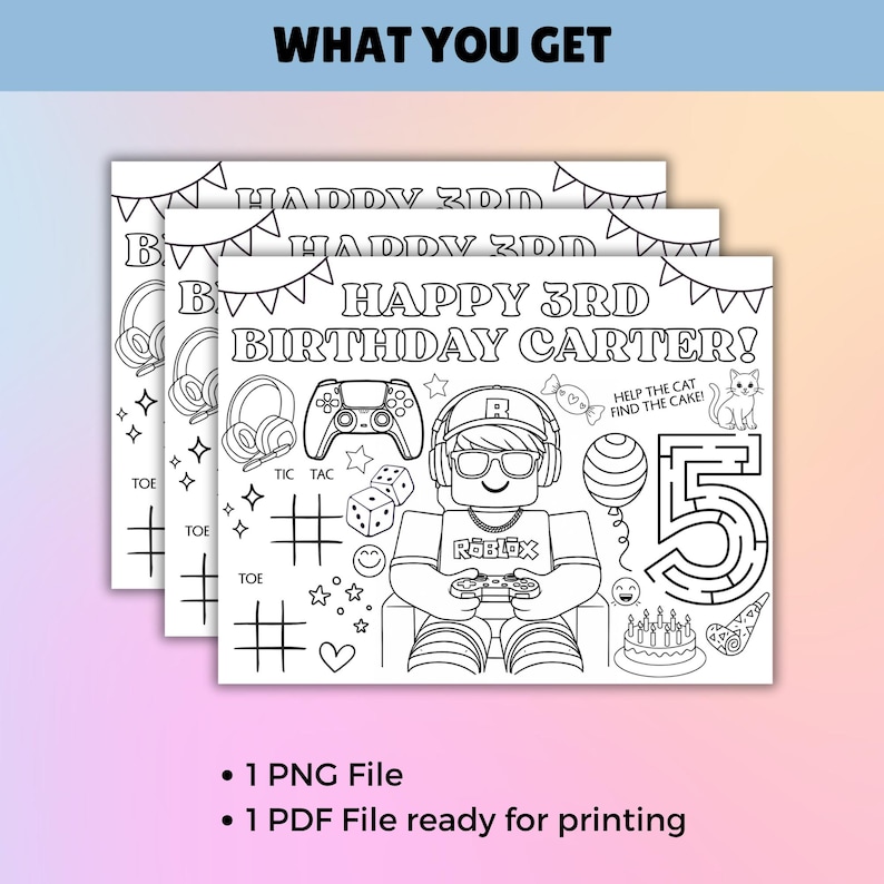 Editable Blocks Coloring Page Gamer Boy Birthday Coloring Placemat Fun ...