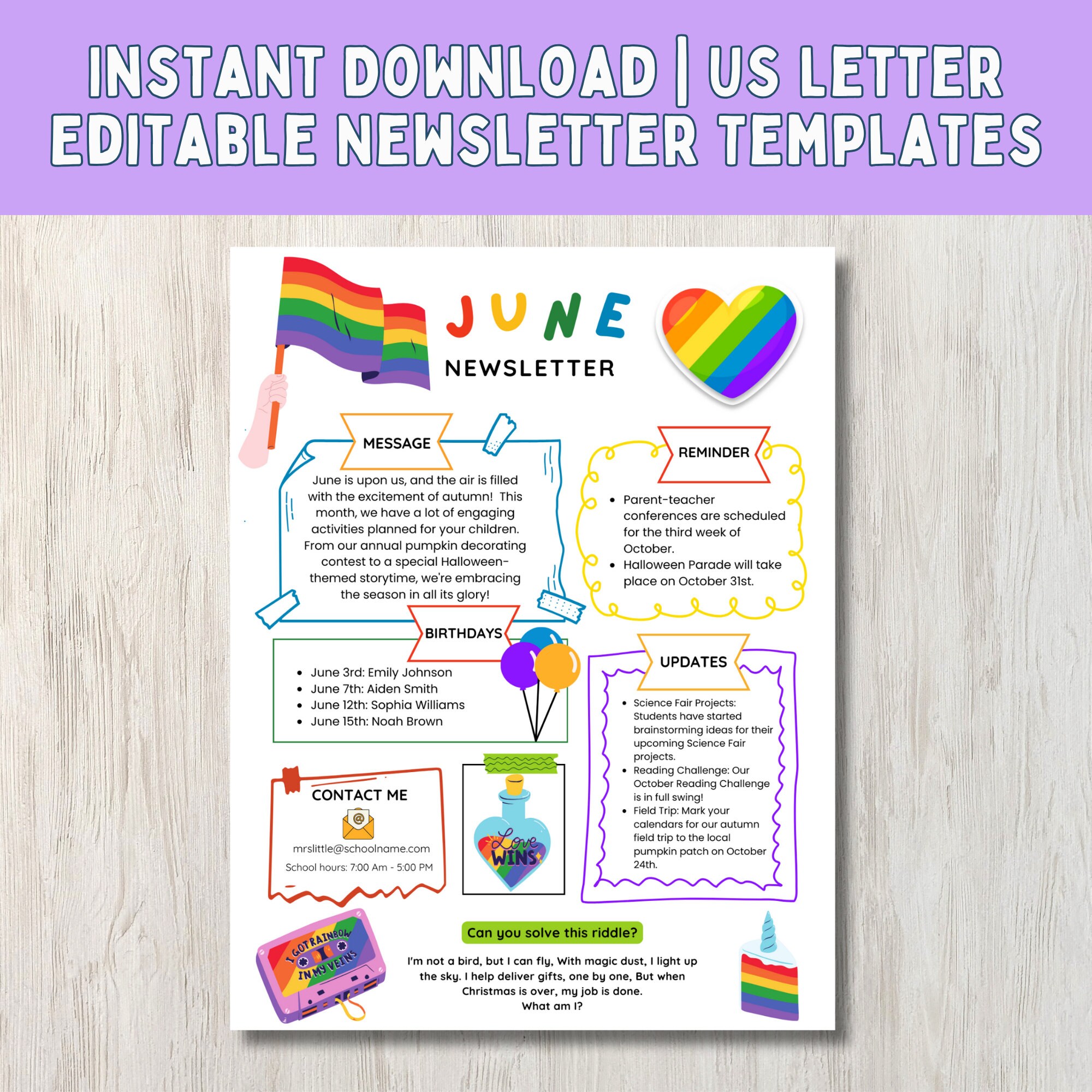 June Classroom Newsletter Template Printable Summer Teacher Template ...