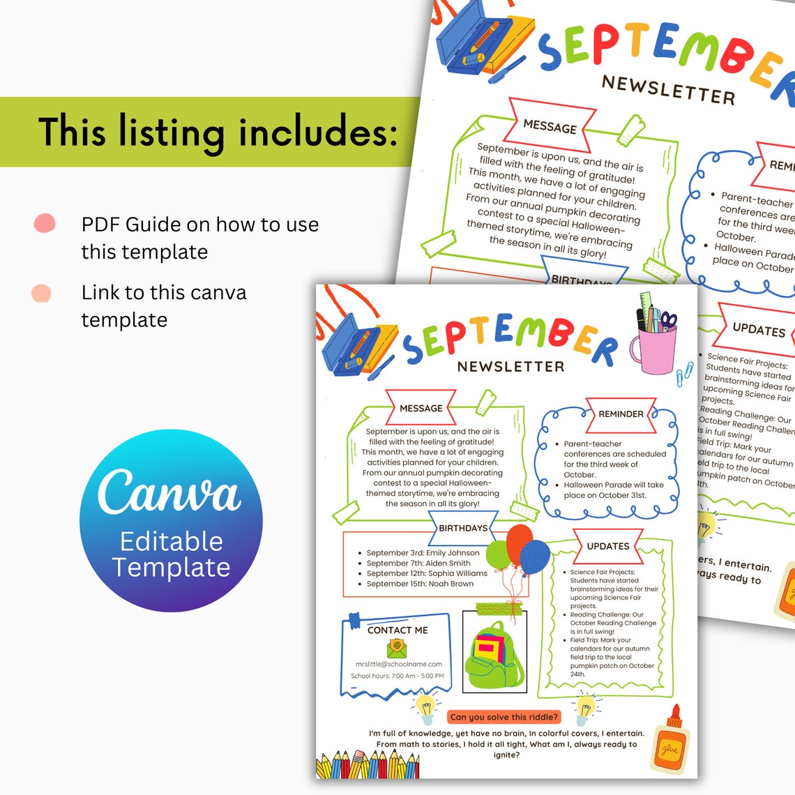 September Classroom Newsletter Template Printable Monthly Teacher ...