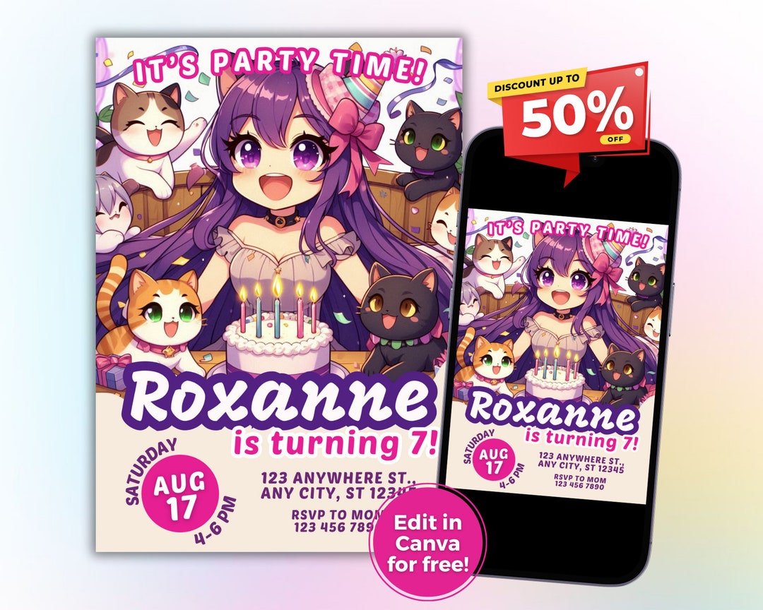 Aphmau Birthday Invitation Printable Cat Lover Girl Invitation Canva ...