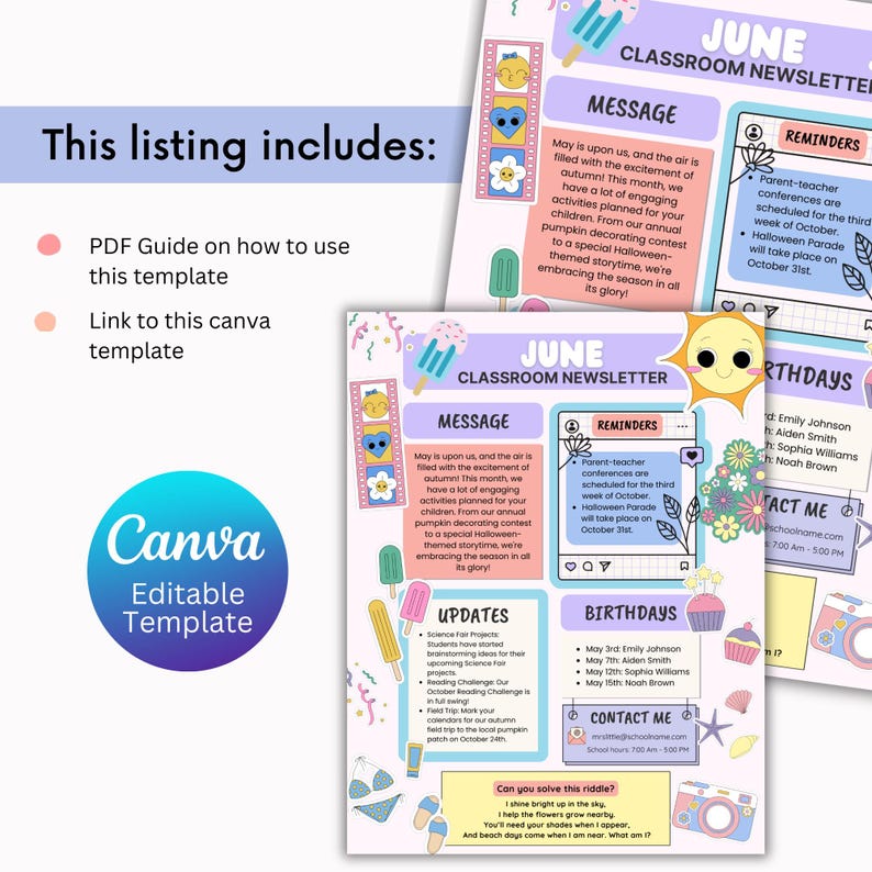 Editable June Newsletter Template Monthly Teacher Template Summer ...