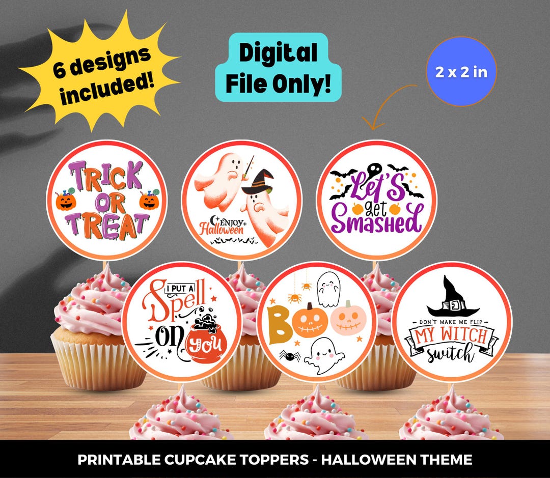 6 Halloween Cupcake Toppers Printable Spooky Ghost Witch Cupcake Topper ...