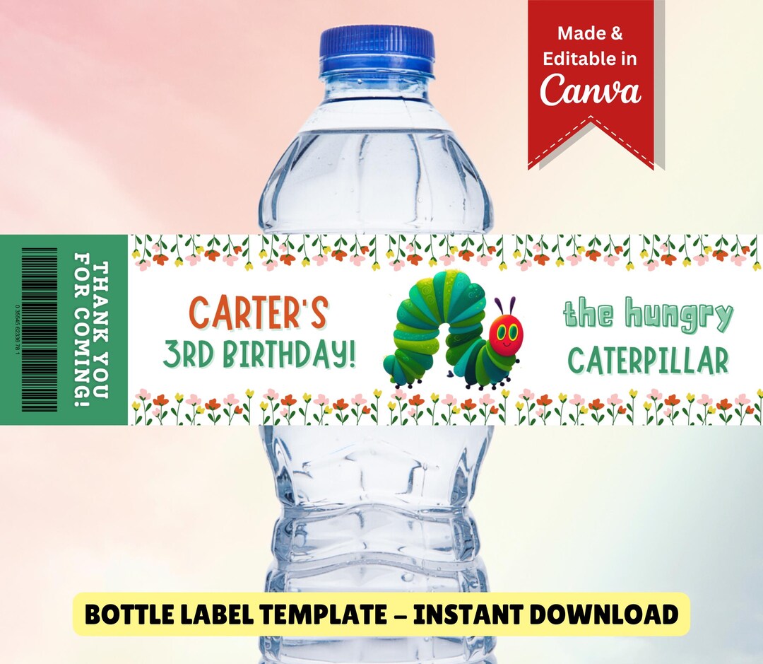 Editable Hungry Caterpillar Water Bottle Label Printable Template, DIY ...