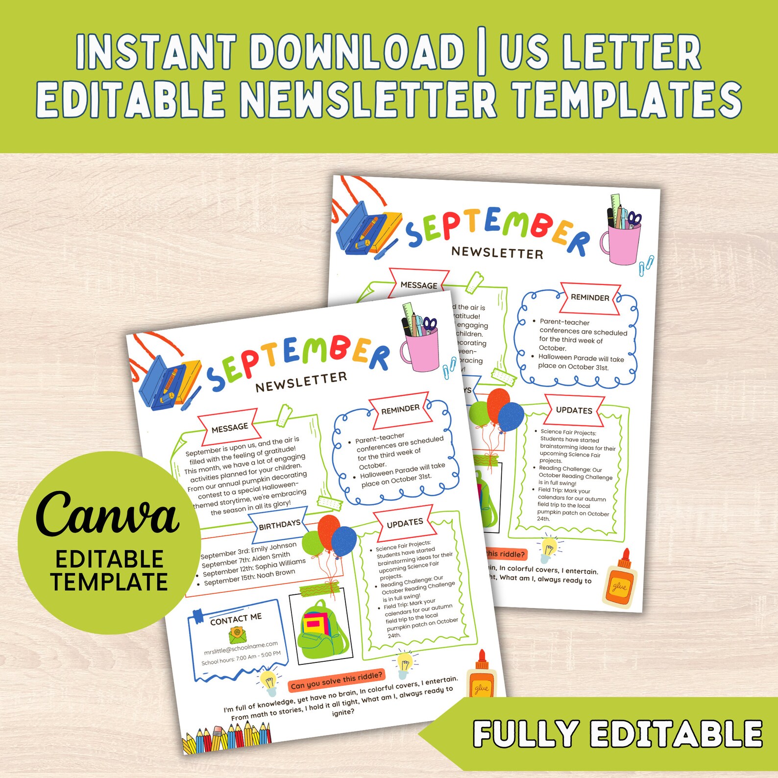September Classroom Newsletter Template Printable Monthly Teacher ...