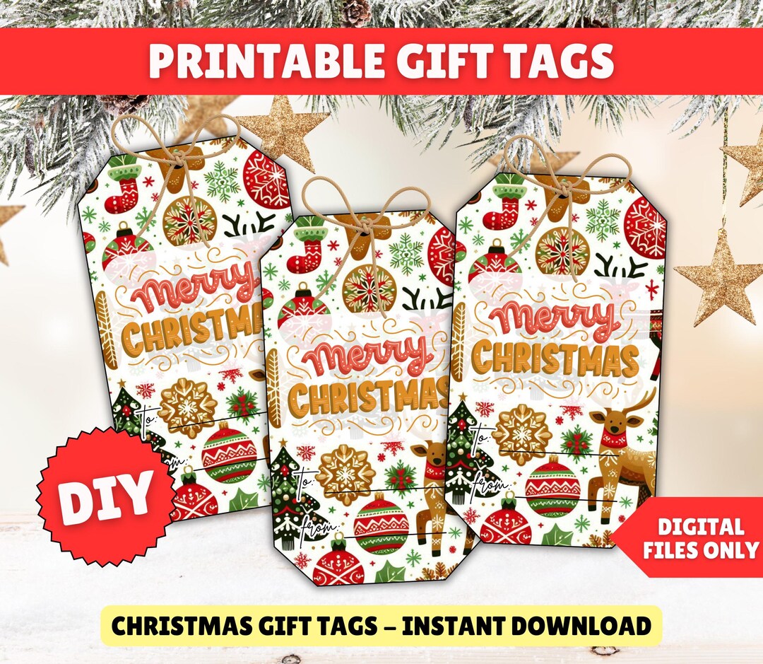 Printable Merry Christmas Gift Tags, DIY Holiday Favor Tags for Xmas ...