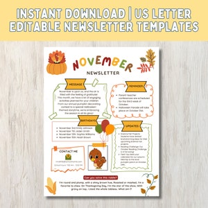November Classroom Newsletter Template Printable Monthly Teacher ...