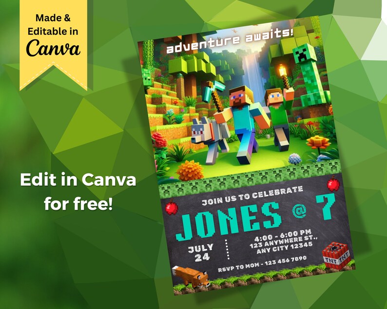 Editable Minecrafter Birthday Invitation Minecraft Creeper Invite ...