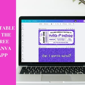 Editable Surprise Event Ticket Violet Glitter Birthday Invitation ...