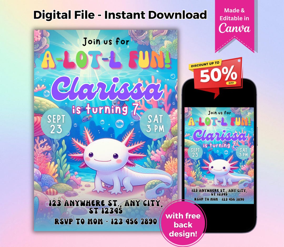 Axolotl Birthday Invitation Editable Template Pink Axolotls for Girl ...