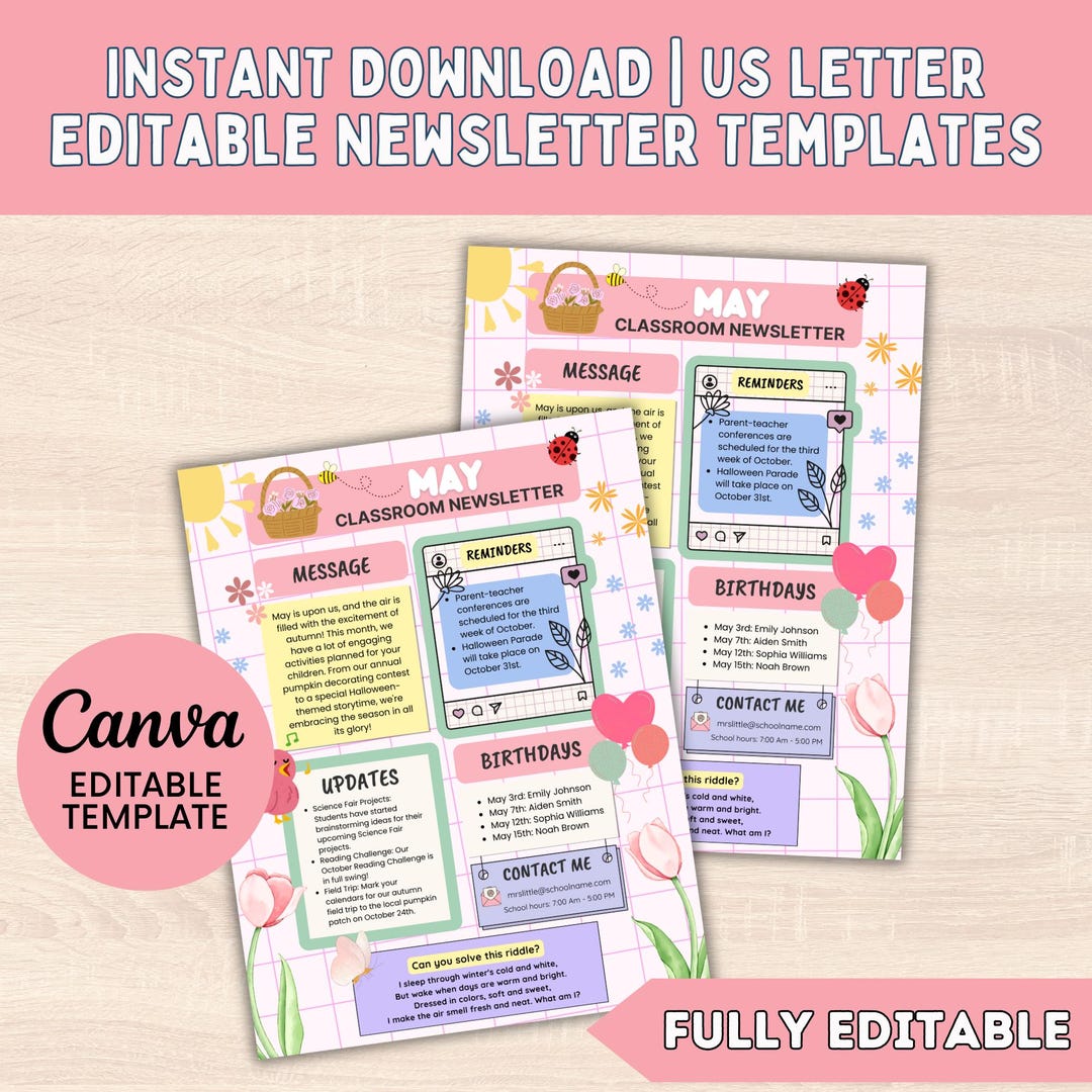 Editable May Spring Classroom Newsletter Template Monthly Teacher ...
