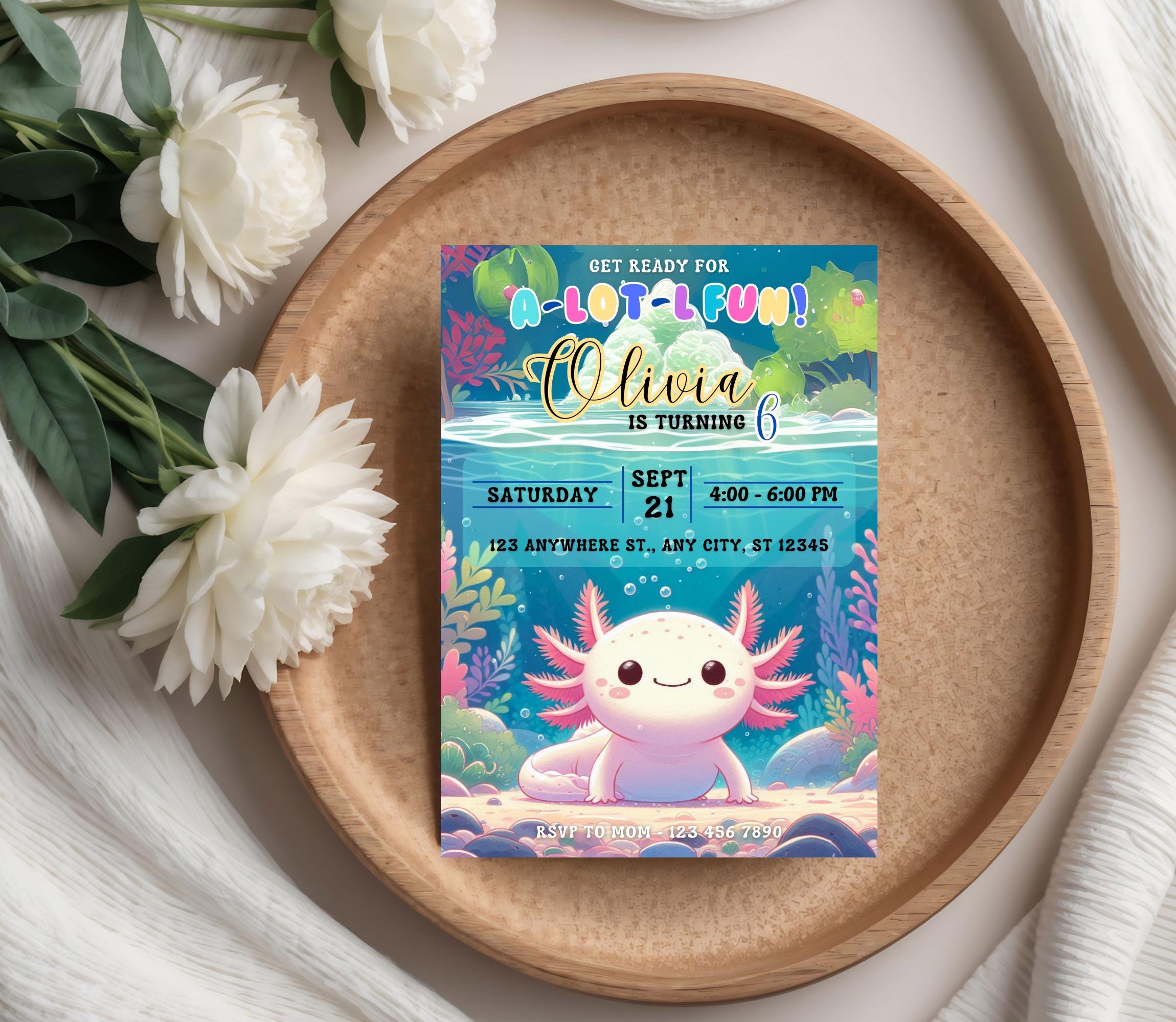 Invitación de cumpleaños de axolotl pastel para niña Invitación de ...