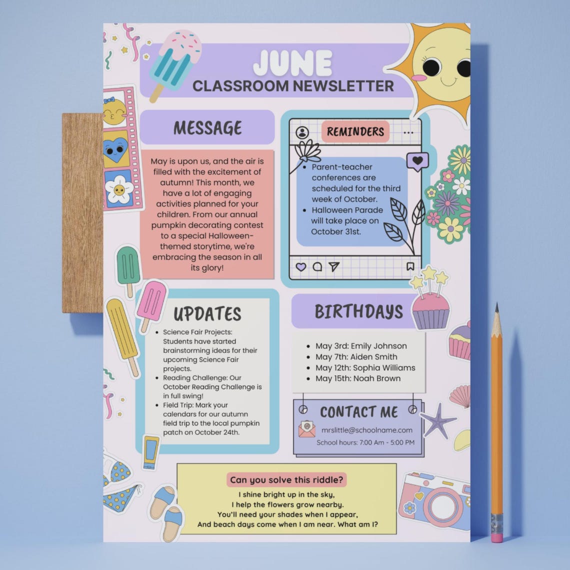 Editable June Newsletter Template Monthly Teacher Template Summer ...