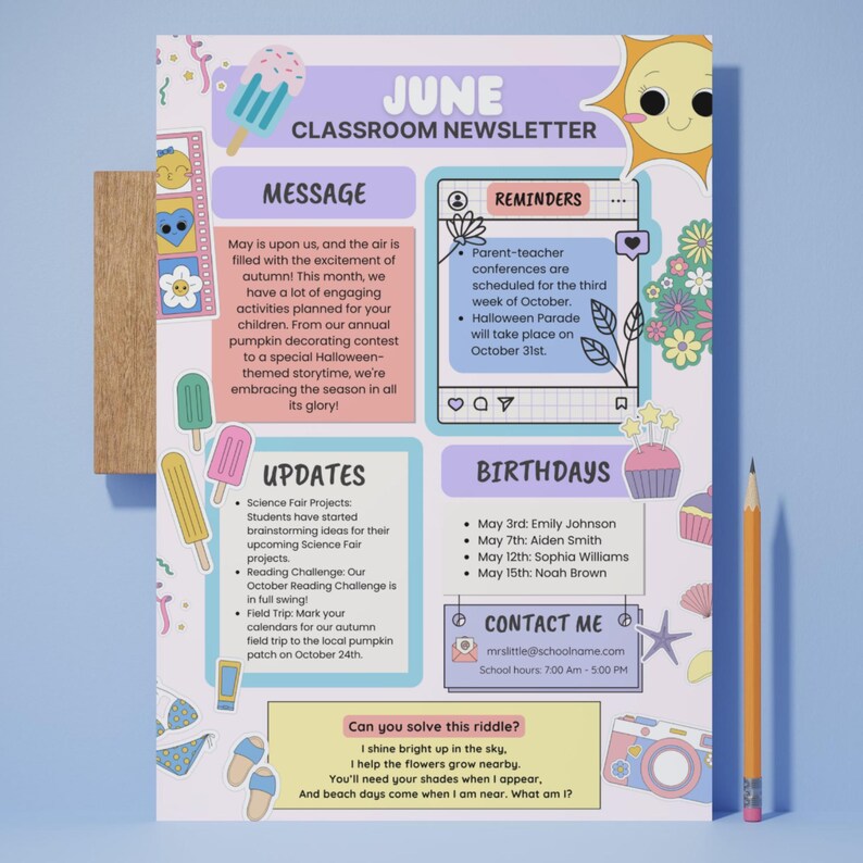 Editable June Newsletter Template Monthly Teacher Template Summer ...