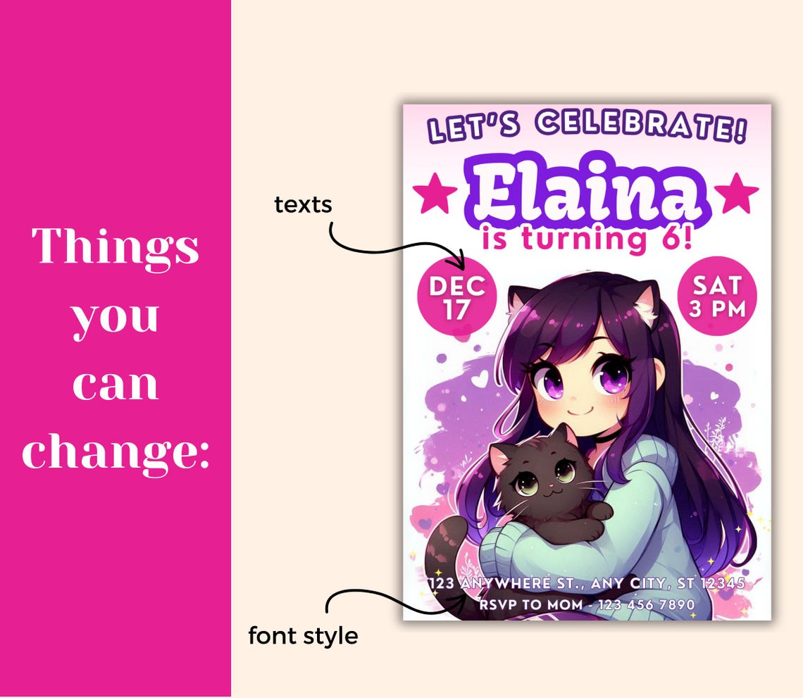 Little Aphmau Birthday Party Invitation, Printable Cat Lover Girl Evite ...
