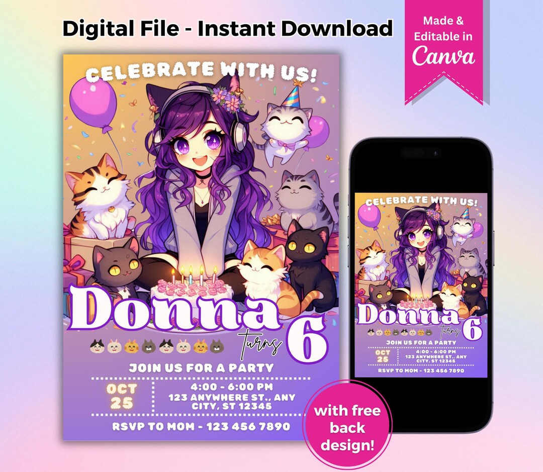 Cat Girl Aphmau Birthday Invitation Printable Kids Invitation Canva ...