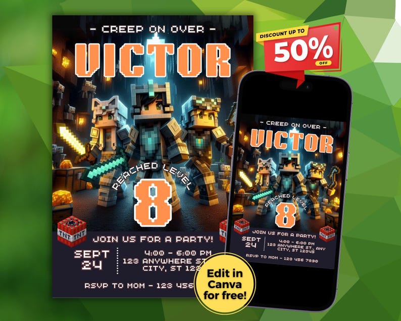 Minecrafter Birthday Invitation Canva Editable Minecraft Creeper Invite ...