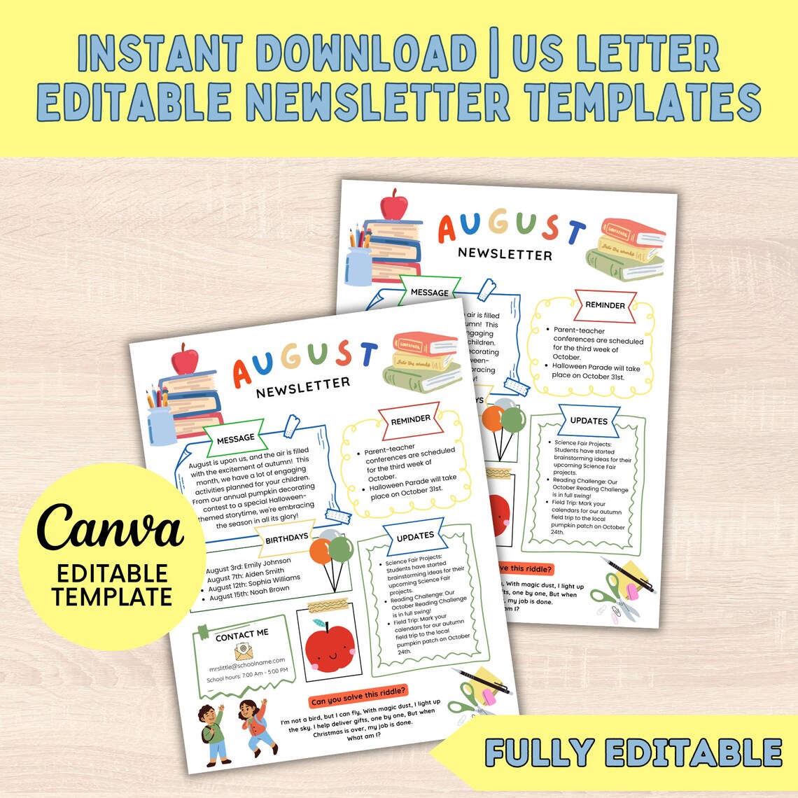 August Classroom Newsletter Template Printable Monthly Teacher Template ...
