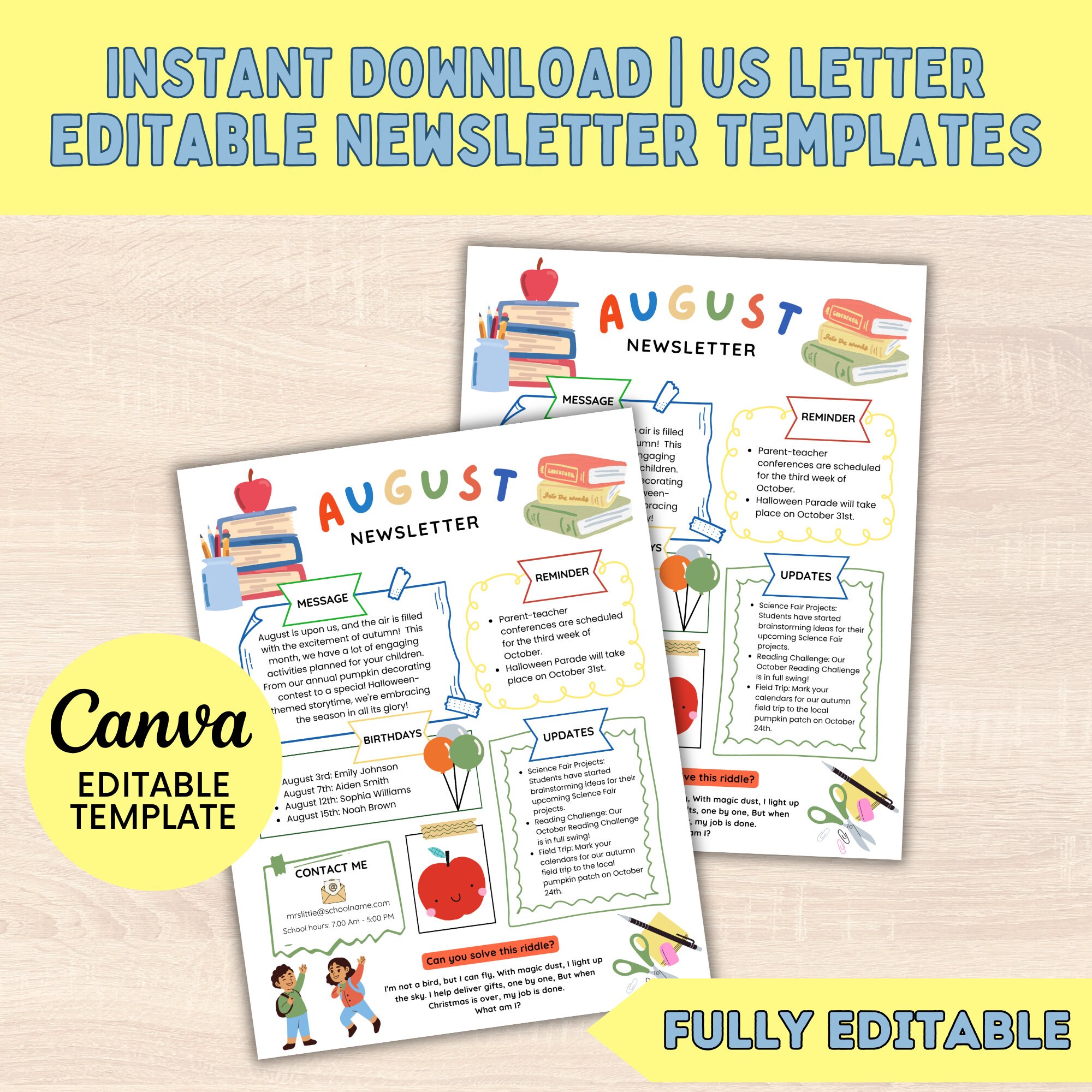 August Classroom Newsletter Template Printable Monthly Teacher Template ...