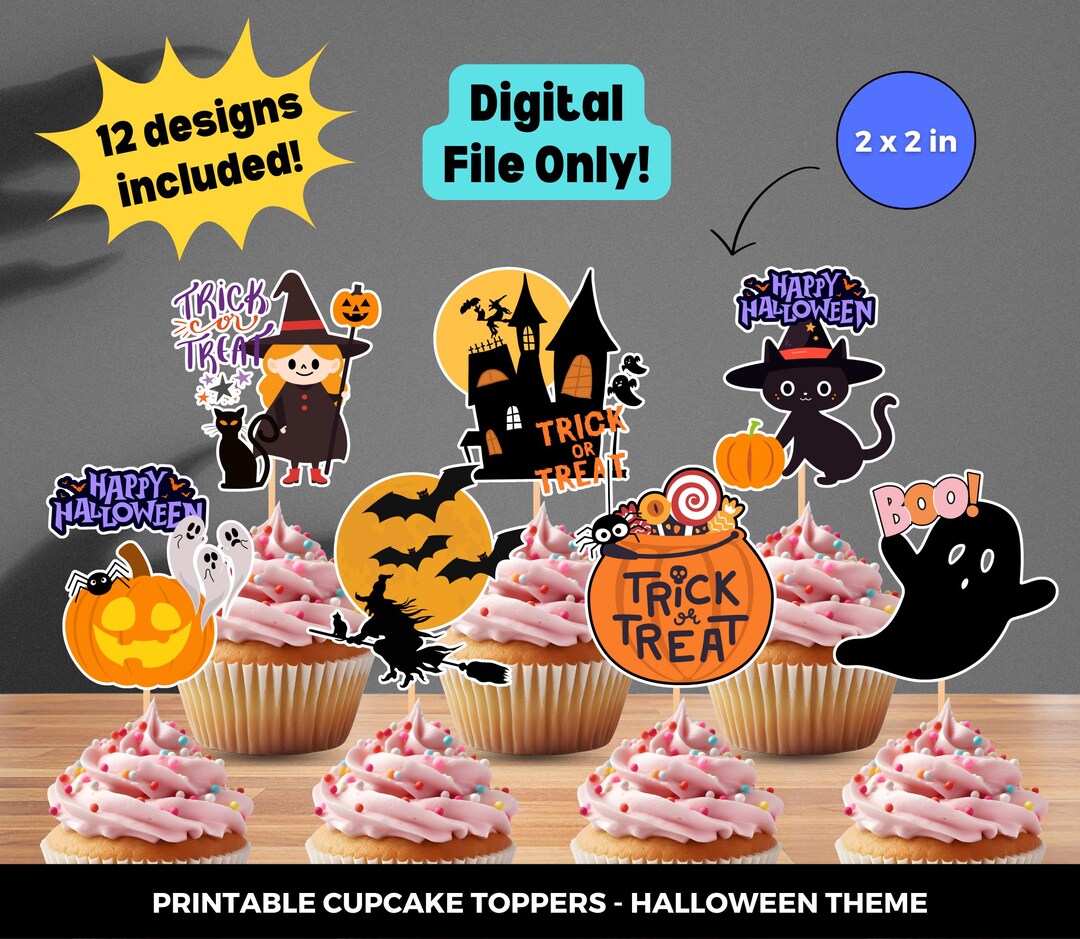 12 Halloween Cupcake Toppers Printable Spooky Ghost Witch Zombie Cat ...