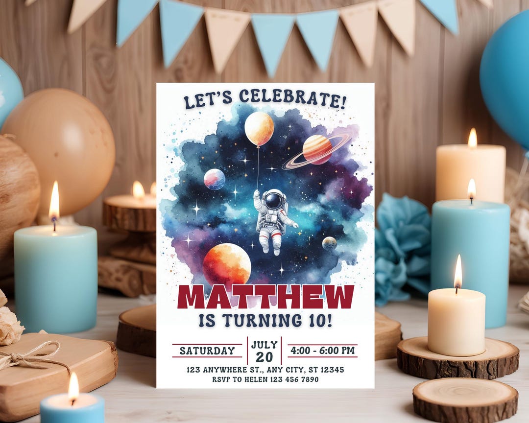 Space Birthday Party Invitation Canva Template Astronaut Outer Space ...