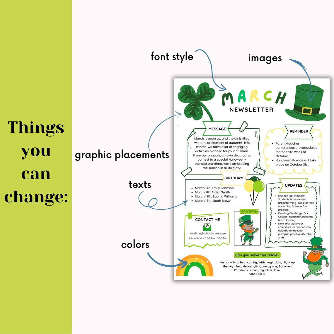 March Classroom Newsletter Template, Printable Monthly Teacher ...