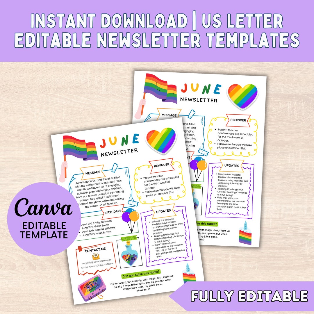 June Classroom Newsletter Template Printable Summer Teacher Template ...