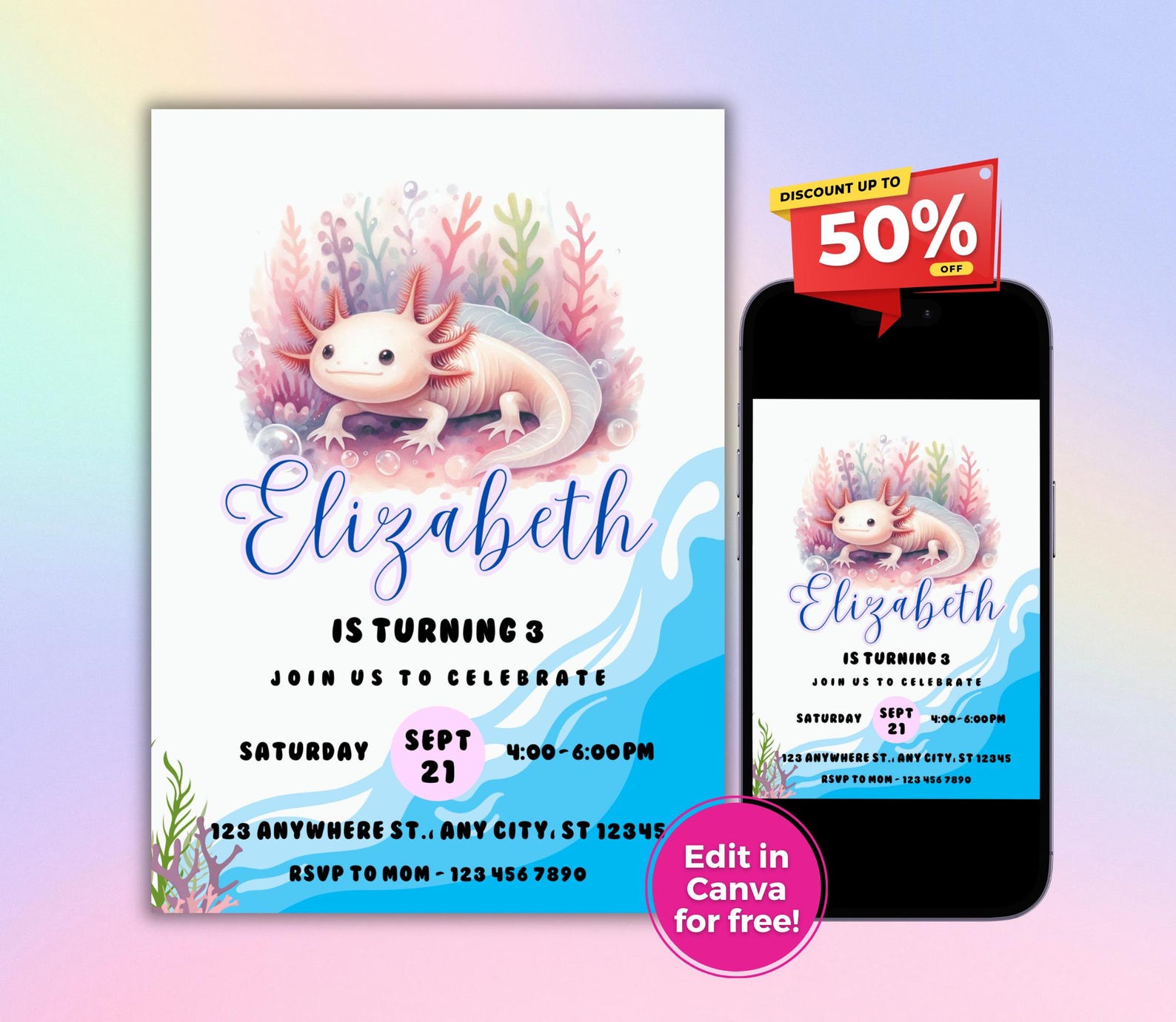 Axolotl Birthday Invitation Pastel for Girl Printable Under the Sea ...
