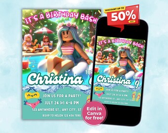 Roblox Pool Party Birthday Invitation Gamer Party Invite Roblox Girl ...