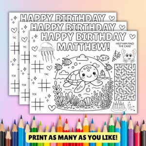 Turtle Birthday Coloring Page Printable PDF Ocean Theme Party Favor ...