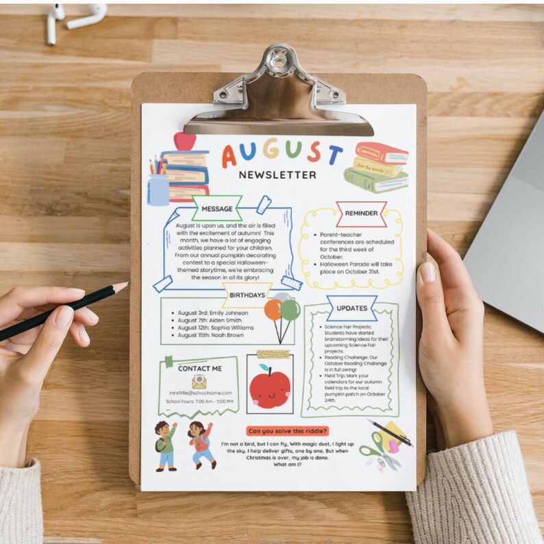 August Classroom Newsletter Template Printable Monthly Teacher Template ...