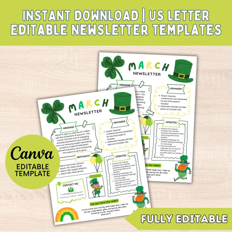 March Classroom Newsletter Template, Printable Monthly Teacher ...