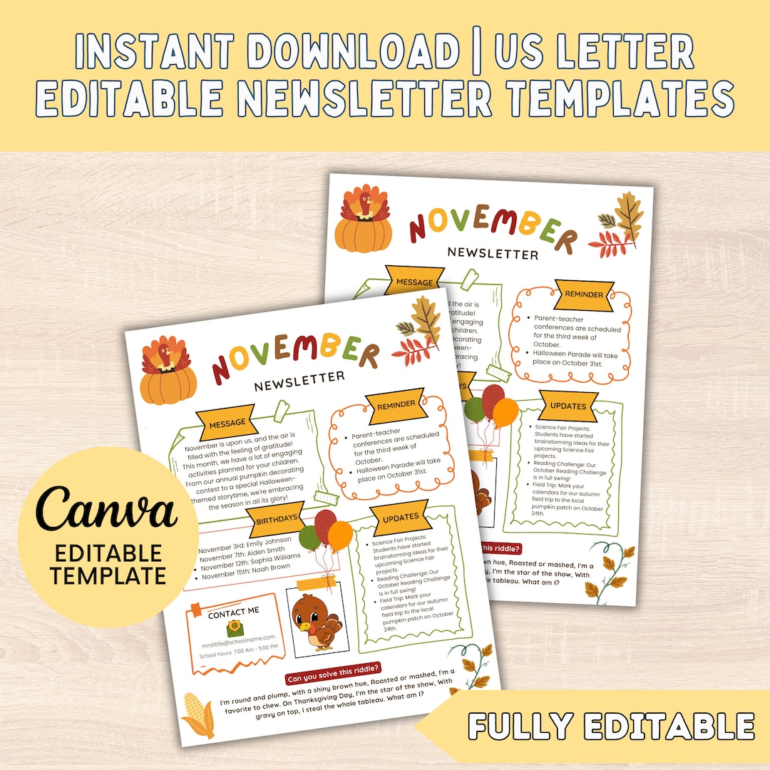 November Classroom Newsletter Template Printable Monthly Teacher ...