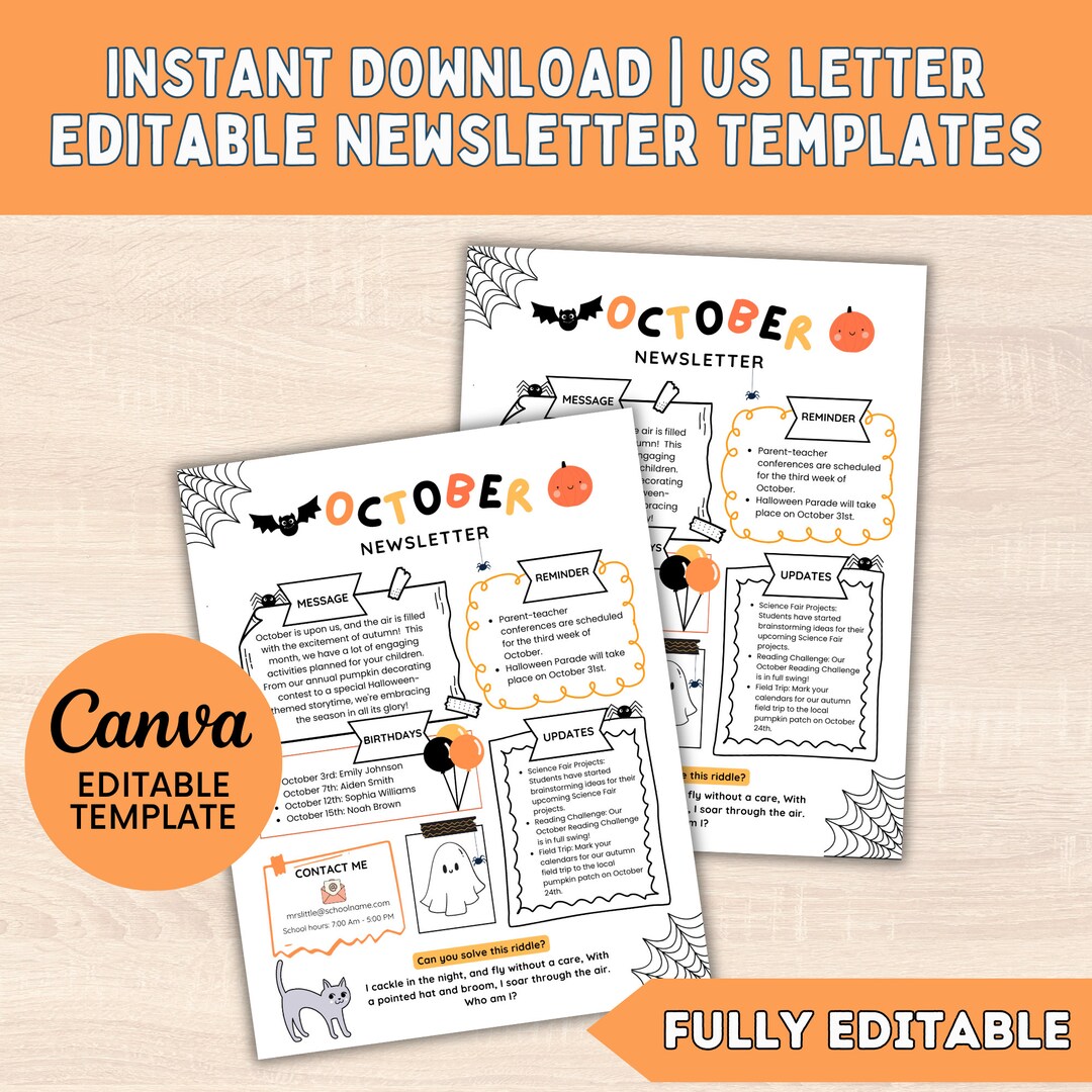 October Classroom Newsletter Template Printable Monthly Teacher ...